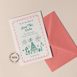Hand Drawn Save the Date Template, Whimsical Hand Written Invitation ...