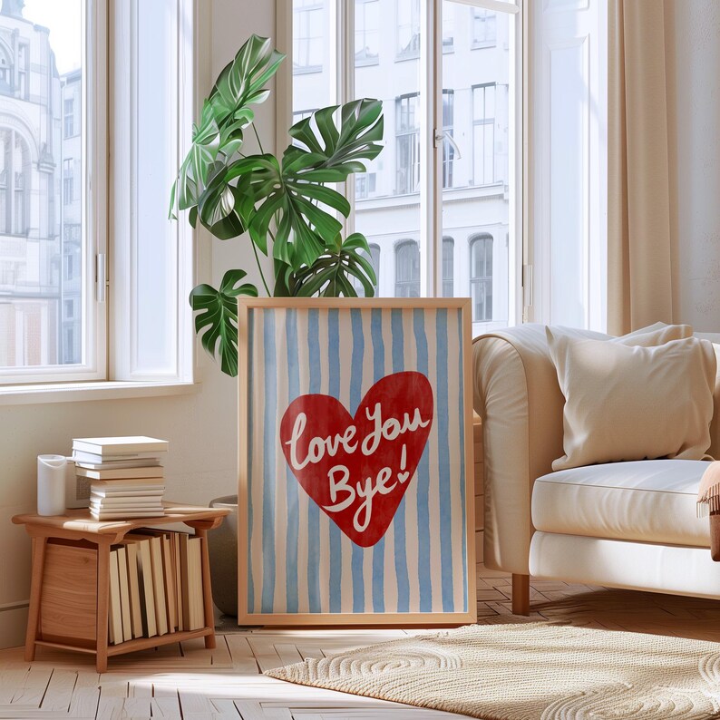 Love You Bye Print, Retro Heart Stripes Poster, Preppy Girly Entryway ...