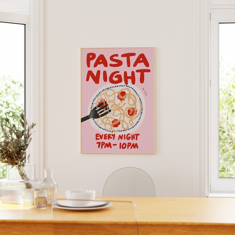 Pasta Night Print, Preppy Pasta Lover Art, Coquette Pasta Poster ...
