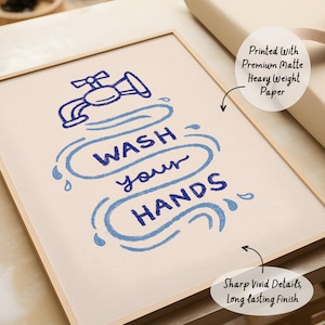 Wash Your Hands Print, Hand Drawn Retro Bathroom Poster, Cute Toilet ...