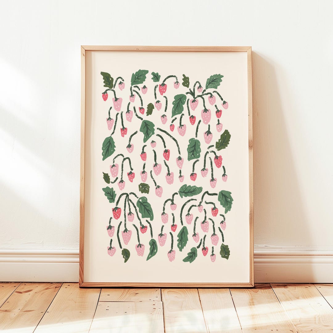 Strawberries Printable, Pink Abstract Botanical Poster, Whimsical Wall ...