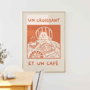 French Cat Coffee Print, Un Croissant Et Un Cafe Poster, Retro Kitchen ...