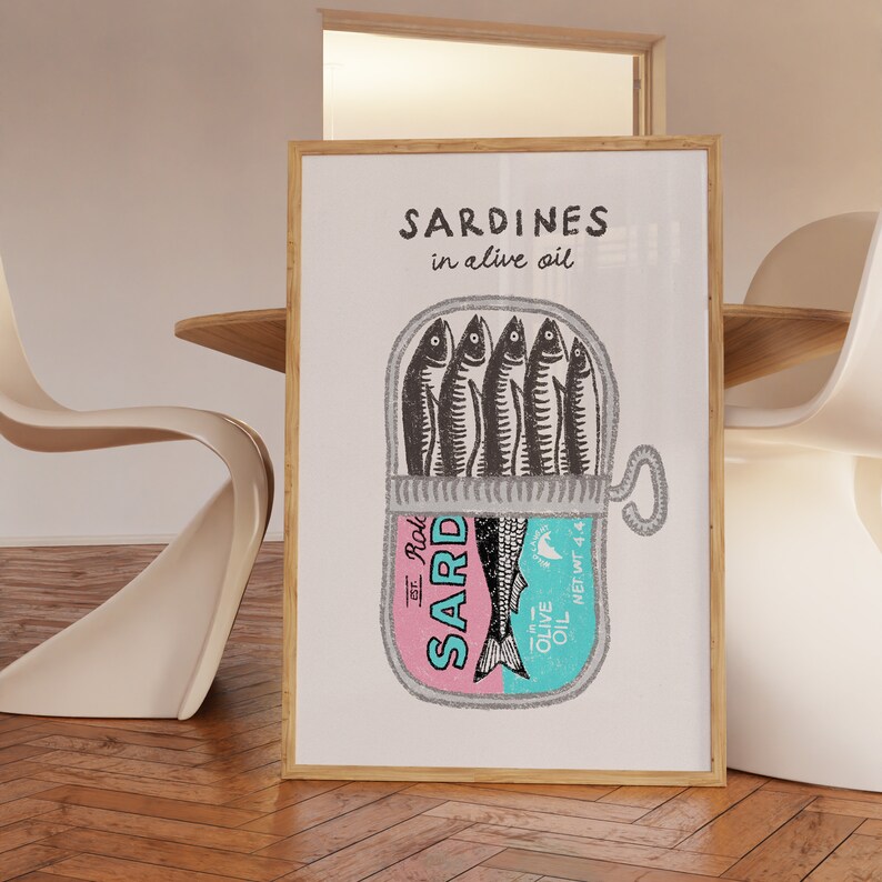 Sardines Tin Pink Print, Retro Hand Drawn Sardine Poster, Preppy Fish ...