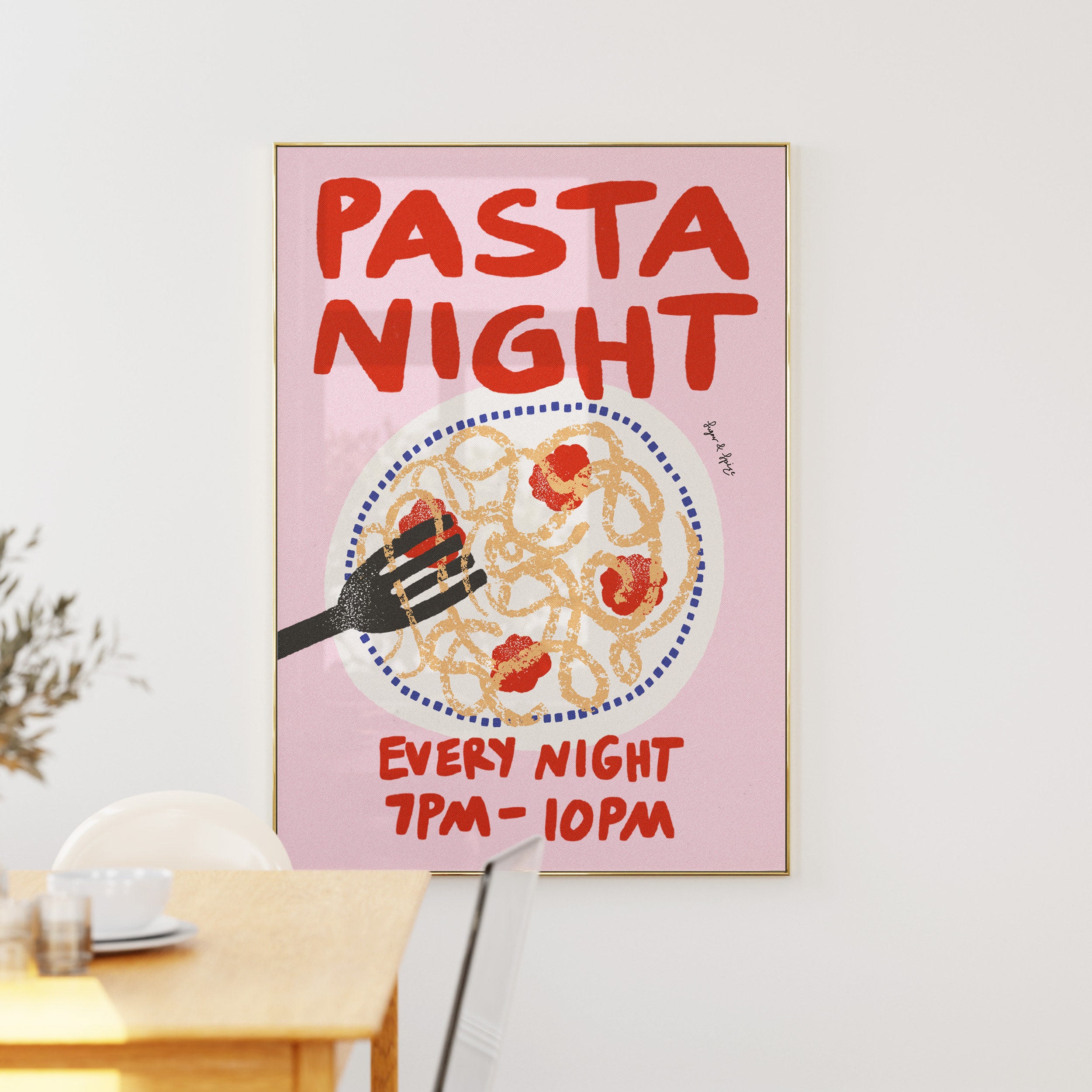 Pasta Night Print, Preppy Pasta Lover Art, Coquette Pasta Poster ...