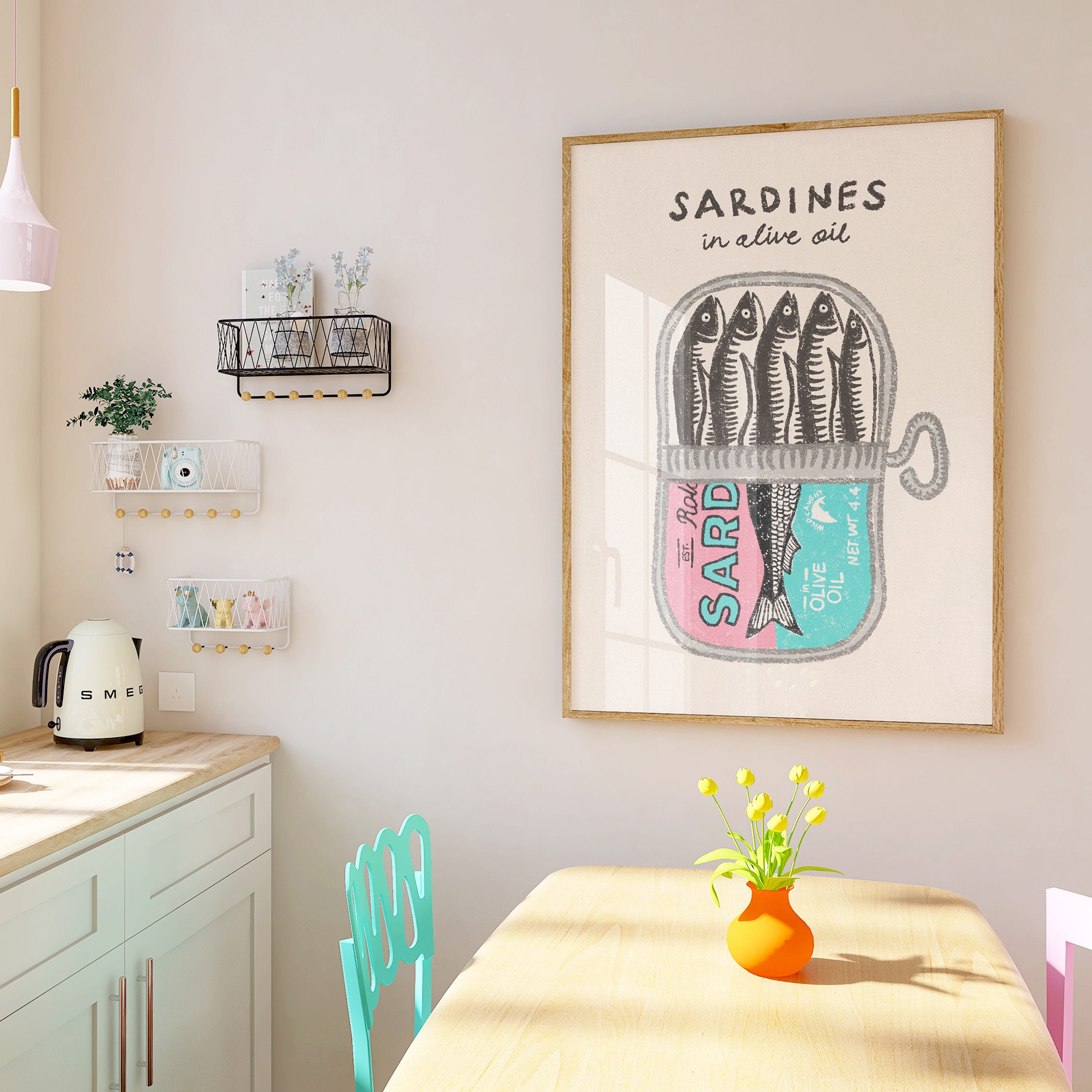 Sardines Tin Pink Print, Retro Hand Drawn Sardine Poster, Preppy Fish ...