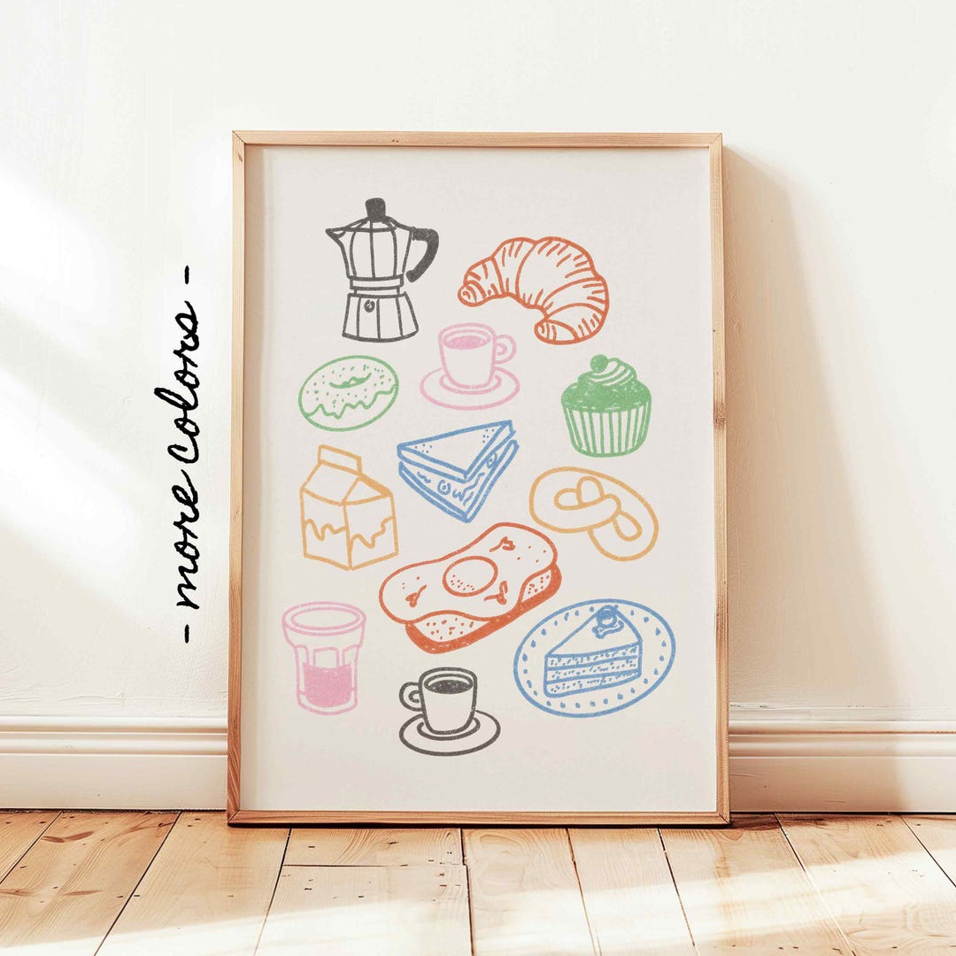 Breakfast Poster, Brunch Print, Croissant Art, Retro Aesthetic Kitchen ...