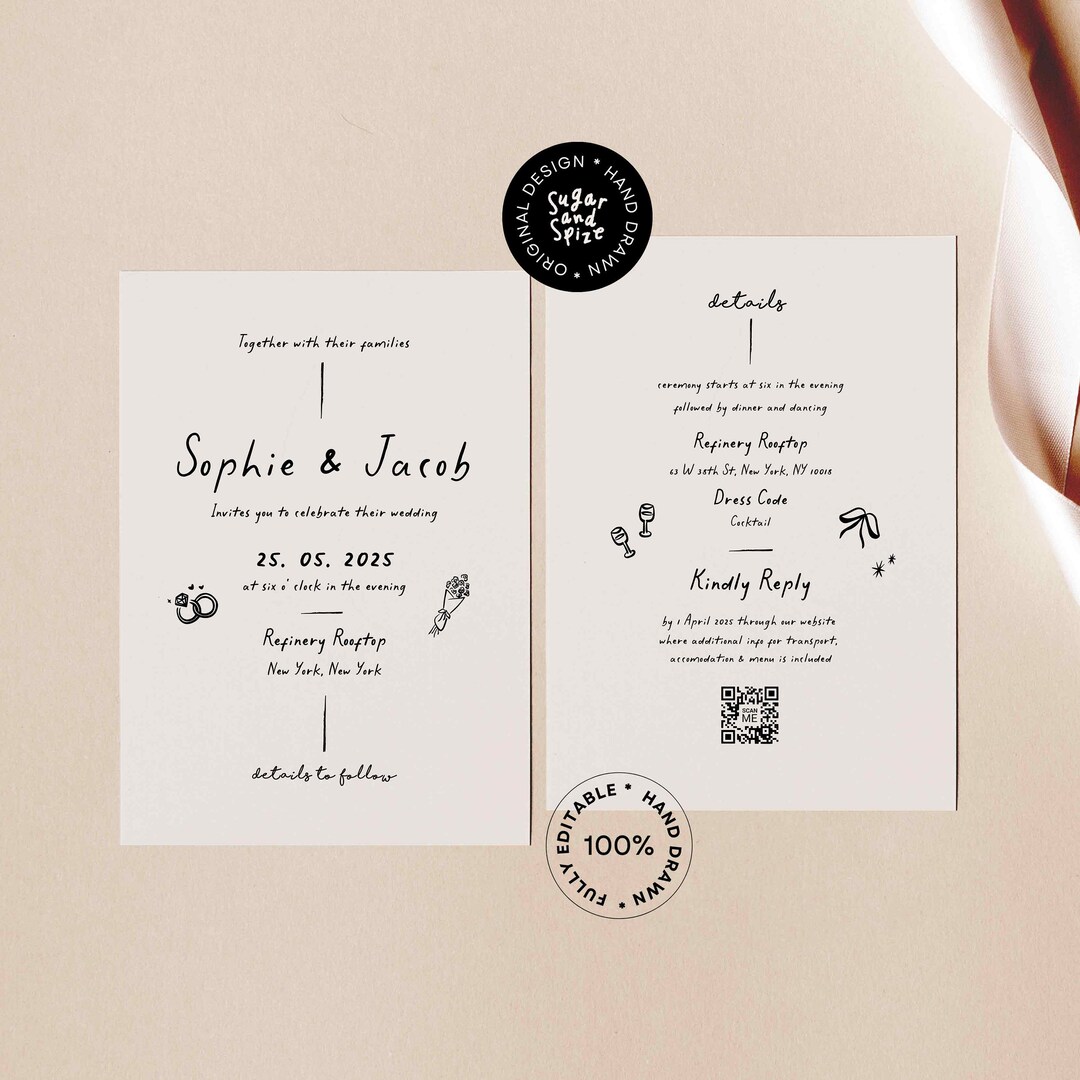 Wedding Invite Hand Drawn Template, Trendy Modern Save the Date, Hand ...