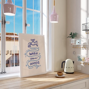 Wash Your Hands Print, Hand Drawn Retro Bathroom Poster, Cute Toilet ...