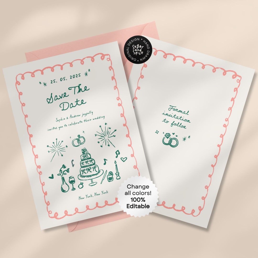 Hand Drawn Save the Date Template, Whimsical Hand Written Invitation ...