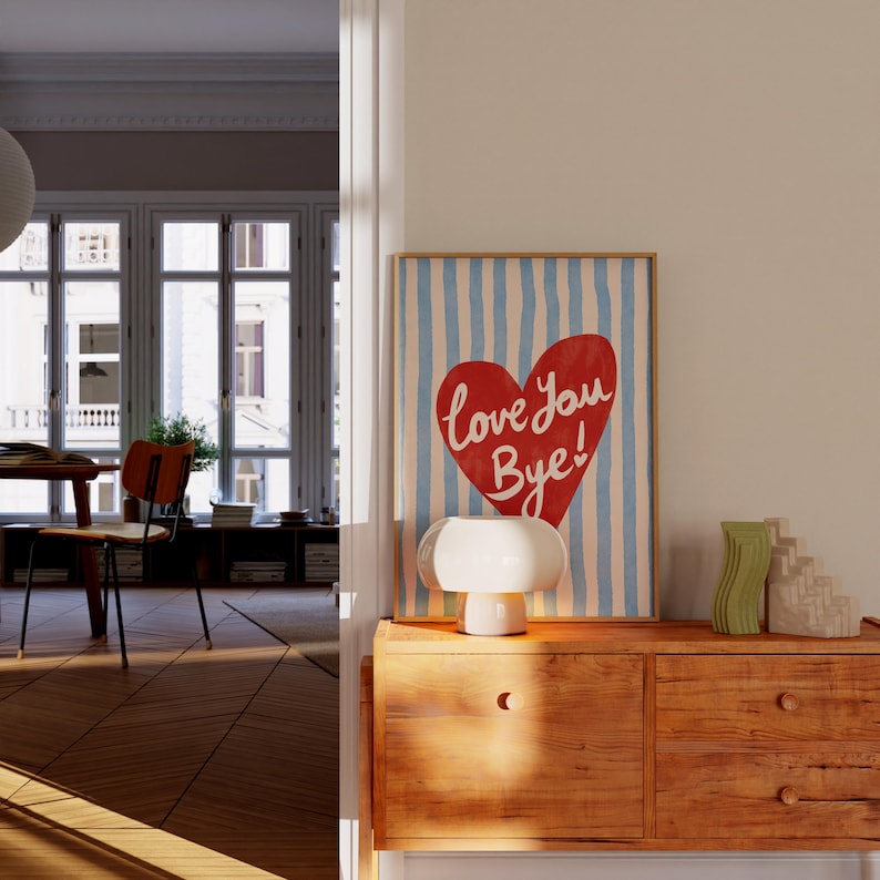 Love You Bye Print, Retro Heart Stripes Poster, Preppy Girly Entryway ...