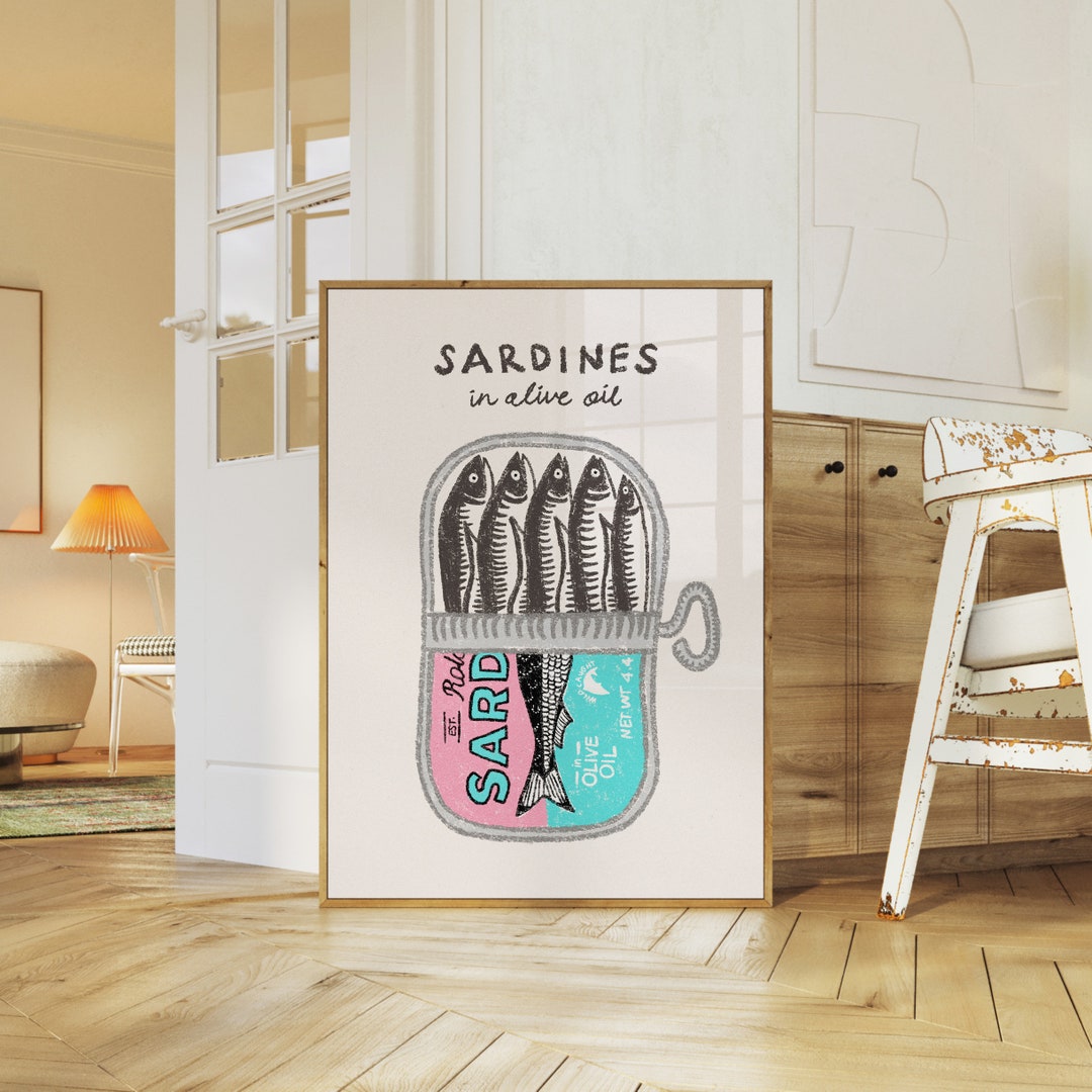 Sardines Tin Pink Print, Retro Hand Drawn Sardine Poster, Preppy Fish ...