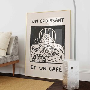 French Cat Coffee Print, Un Croissant Et Un Cafe Poster, Retro Kitchen ...
