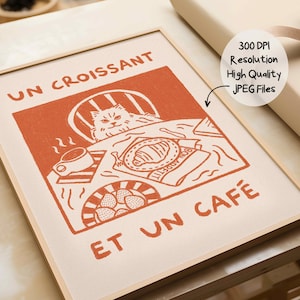 French Cat Coffee Print, Un Croissant Et Un Cafe Poster, Retro Kitchen ...