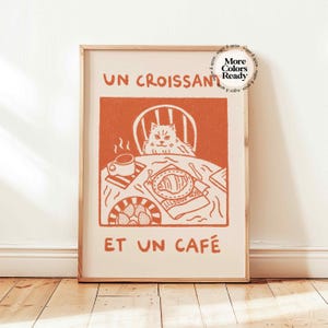 French Cat Coffee Print, Un Croissant Et Un Cafe Poster, Retro Kitchen ...