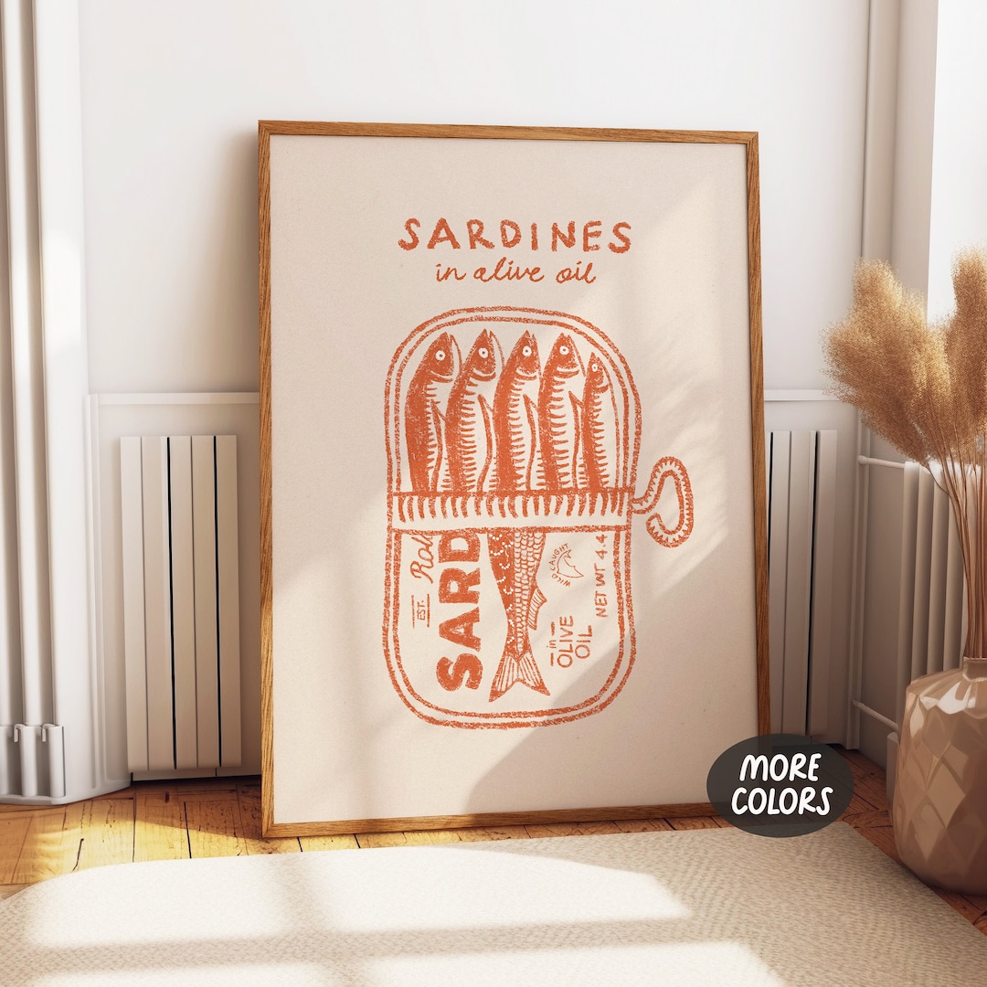 Sardine Tin Art Print, Vintage Hand Drawn Sardines Poster, Retro Food ...