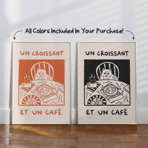 French Cat Coffee Print, Un Croissant Et Un Cafe Poster, Retro Kitchen ...