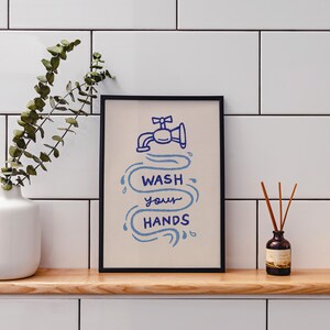 Wash Your Hands Print, Hand Drawn Retro Bathroom Poster, Cute Toilet ...