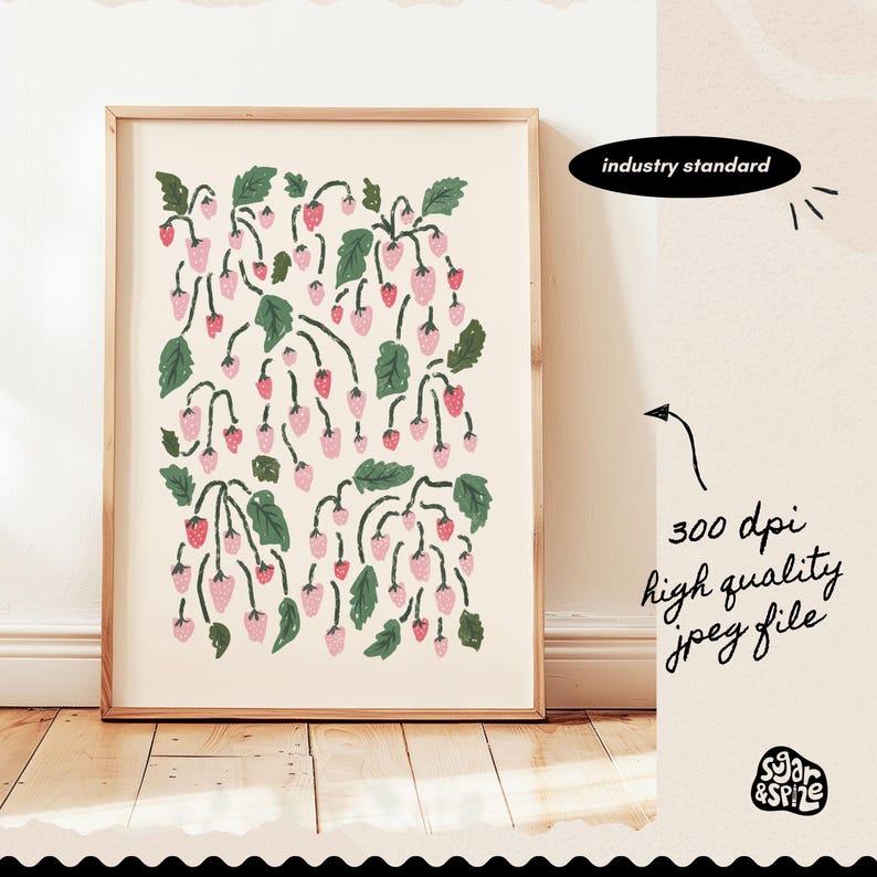 Strawberries Printable, Pink Abstract Botanical Poster, Whimsical Wall ...
