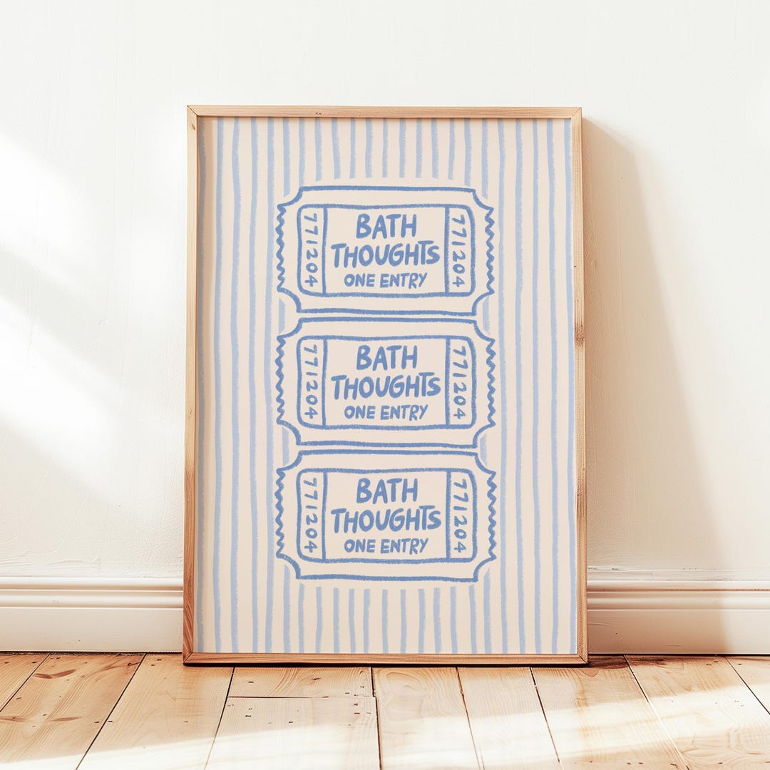 Bath Thoughts Ticket Print, Blue Stripes Bathroom Poster, Minimalist ...