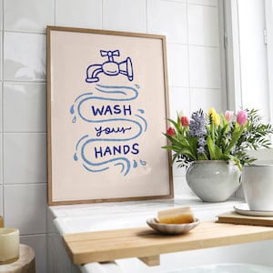 Wash Your Hands Print, Hand Drawn Retro Bathroom Poster, Cute Toilet ...