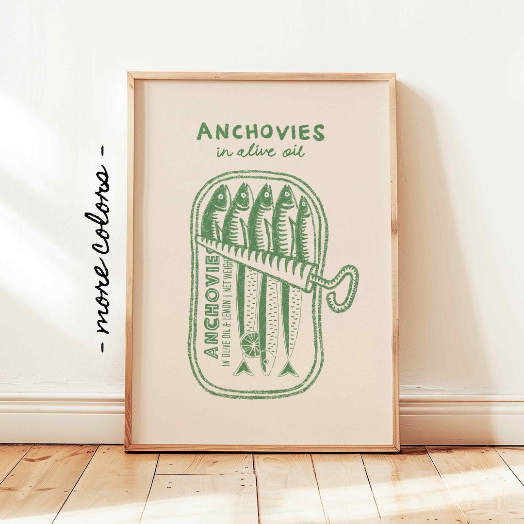 Anchovies Tin Print, Retro Seafood Poster, Sardine Fish Art, Fish Wall ...