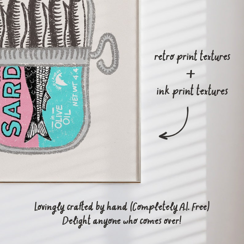Sardines Tin Pink Print, Retro Hand Drawn Sardine Poster, Preppy Fish ...