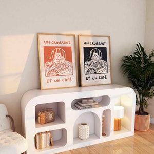French Cat Coffee Print, Un Croissant Et Un Cafe Poster, Retro Kitchen ...
