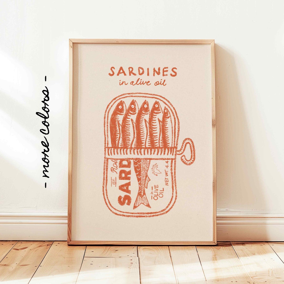 Sardine Tin Art Print, Orange Vintage Food Can Poster, Retro Kitchen ...