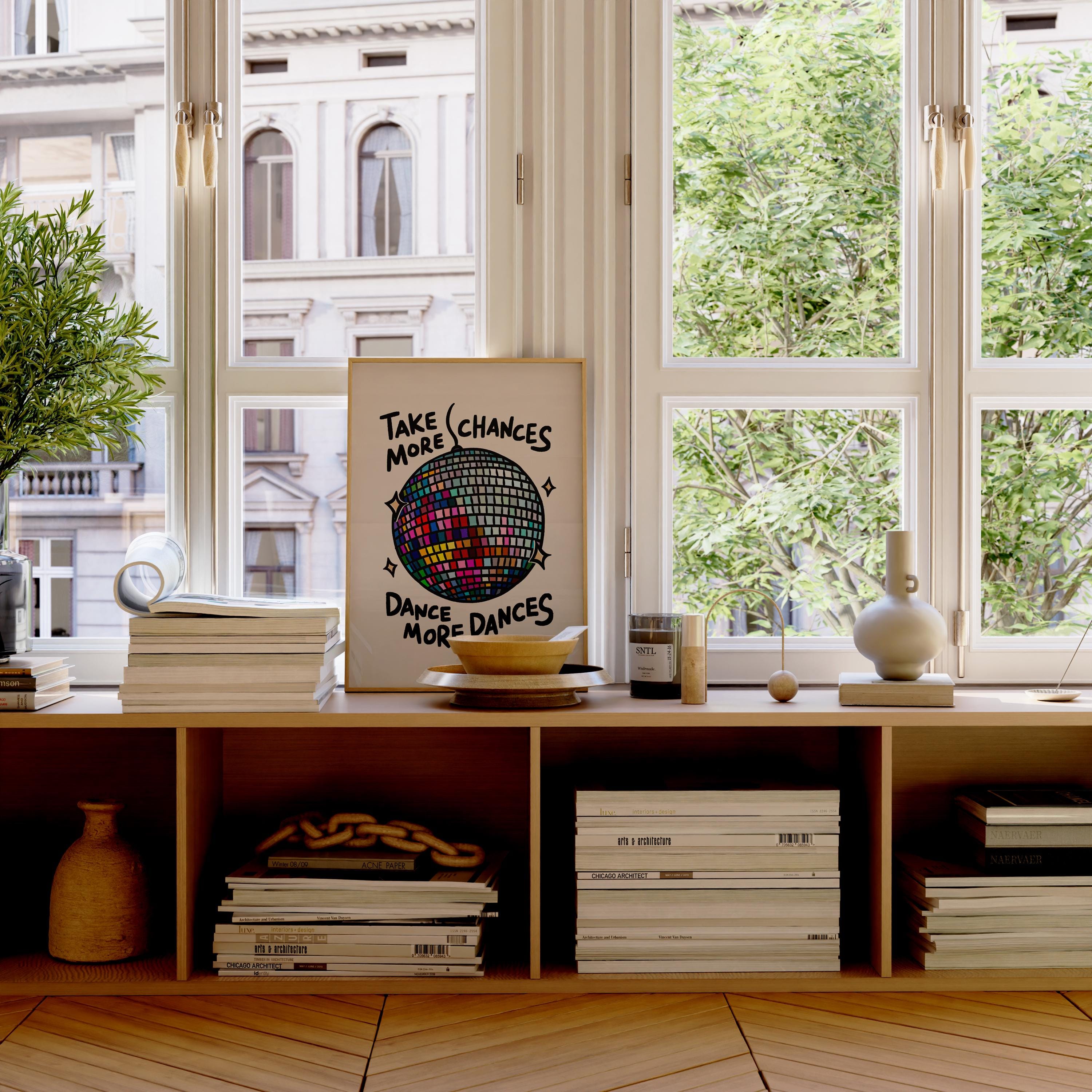 Take More Chances Print, Colorful Disco Ball Poster, Positive ...