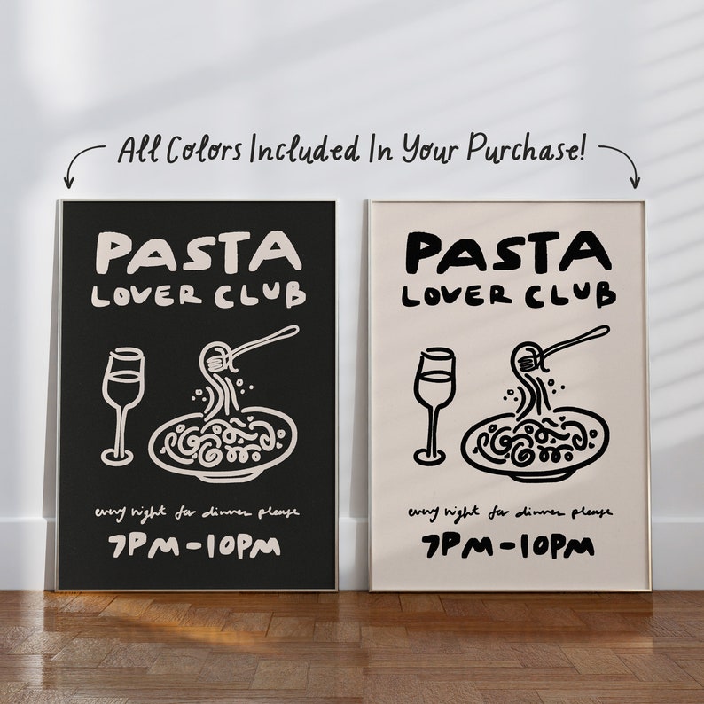Pasta Lover Club Print, Hand Drawn Pasta Lover Art, Neutral Black Beige ...