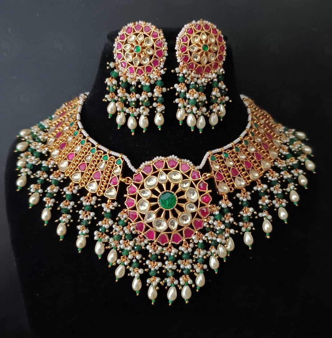 Gold Plated Pachi Kundan Jadau Wedding Necklace Set With Stud Earrings/sabyasachi Kundan Green ...