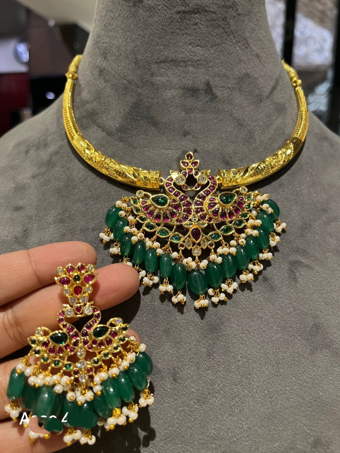 Jadau Kundan Emerald Real Kempu Bridal Hasli Choker/ South Indian ...