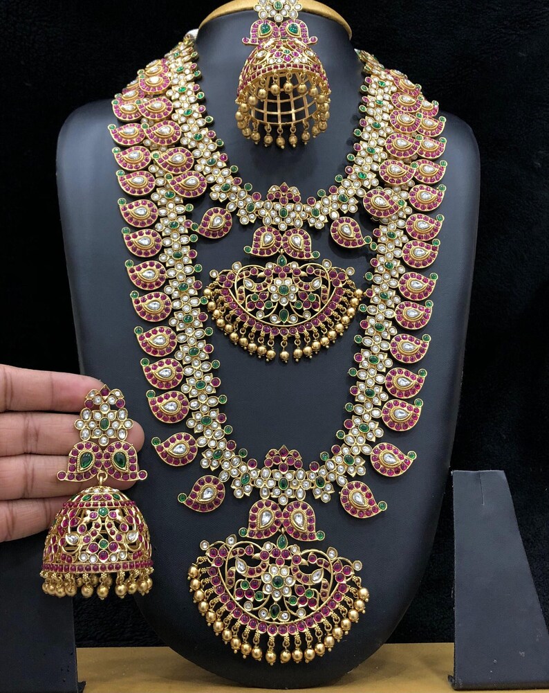 Antique Matte Finish Long Haram Kempu Stone Necklace With Earrings ...