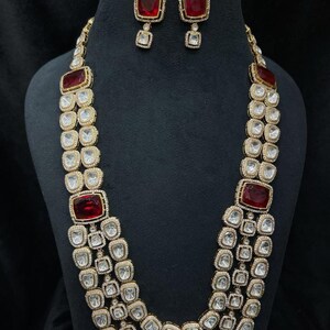 Premium Tyaani Jewelry Inspired Long Gold Plated Three Layered Ruby Red Emerald Green Doublet ...