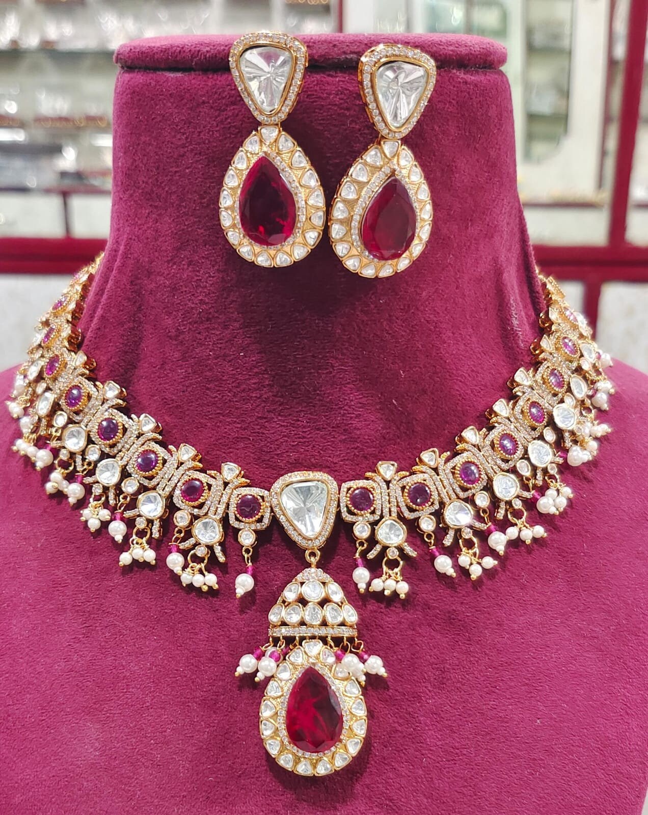Ruby Polki Kundan Necklace Set/indian Cubic Zirconia Set/indian Blue ...