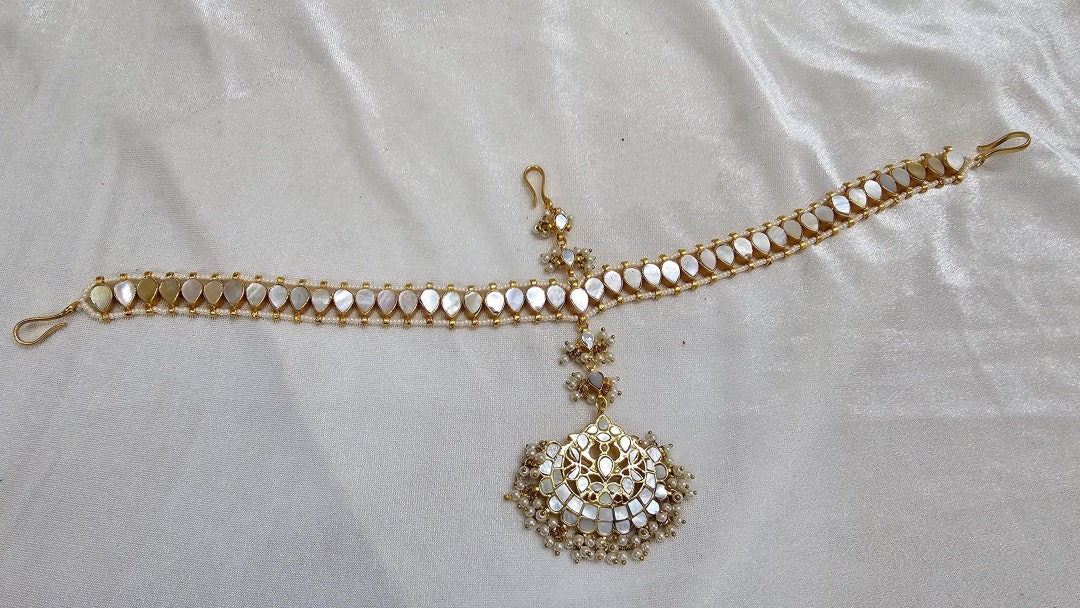 Mother of Pearl Kundan Sheesh Phool With Freshwater Pearls and Kundan ...