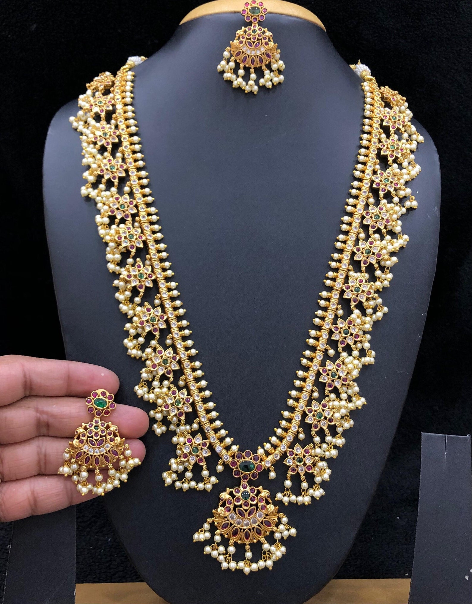 Antique Matte Finish Long Haram Kempu Stone Necklace With Earrings ...