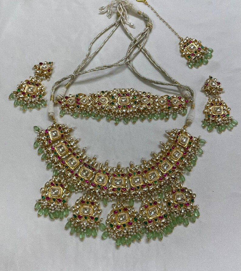 Rani Gold Plated Pachi Kundan Jadau Wedding Necklace Set With Earrings/ Sabyasachi Kundan Green ...