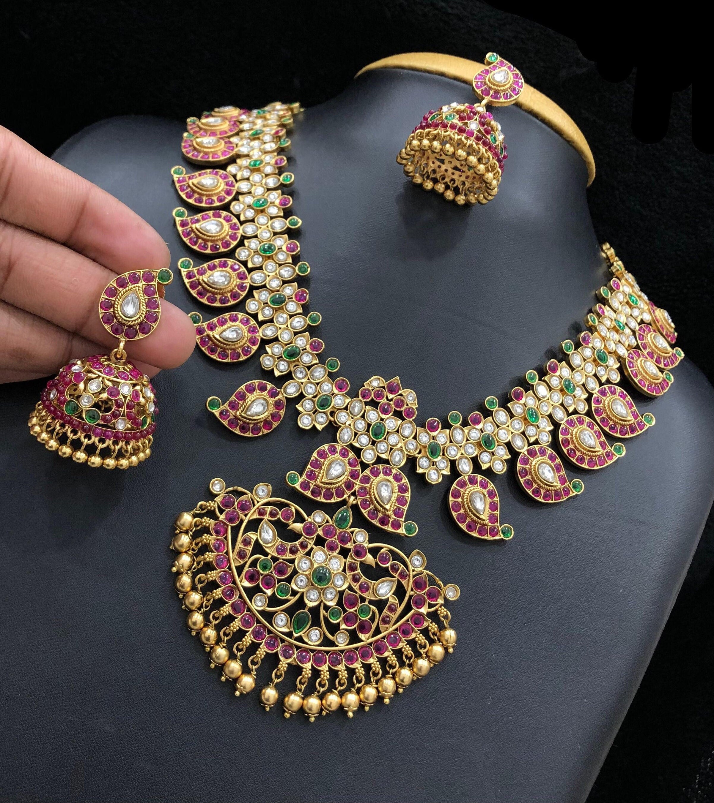 Antique Matte Finish Long Haram Kempu Stone Necklace With Earrings ...