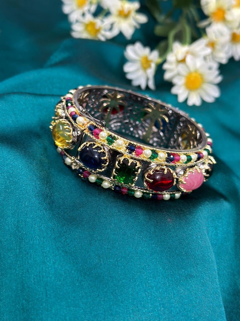 Kundan Jadau Kada Bangle,multicolor Polki Navratan Bangle, Gold Plated Kada,bridal Kada ...