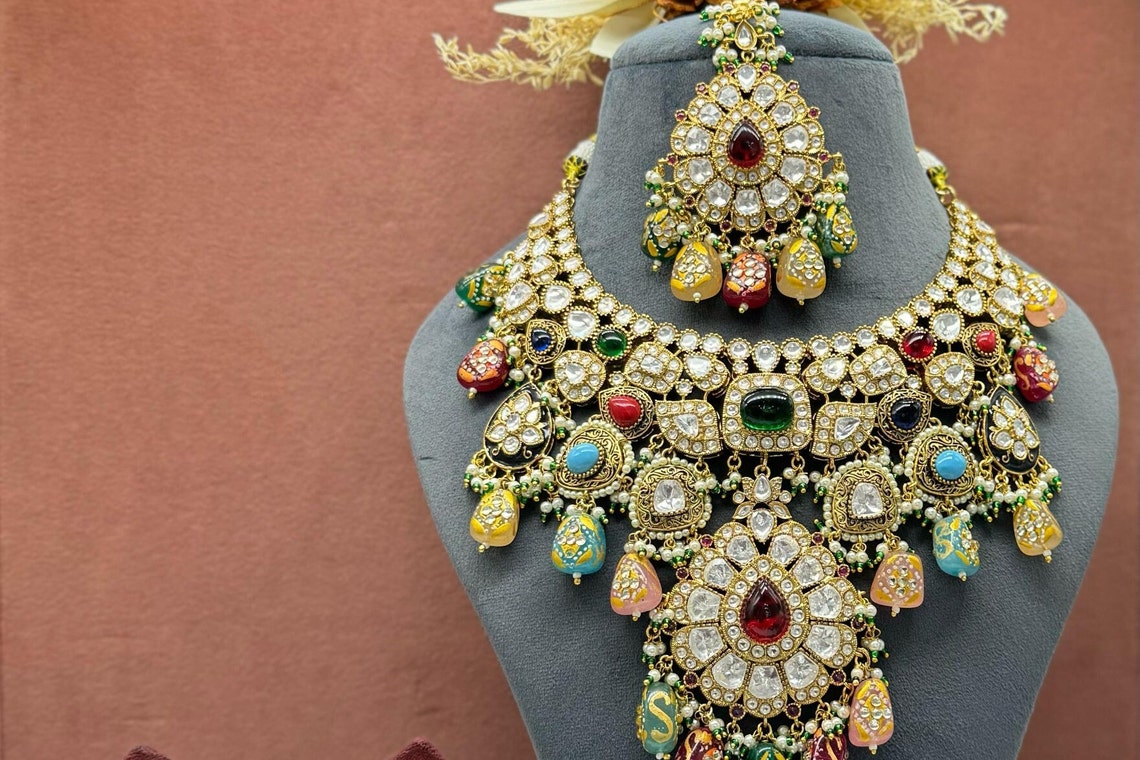 Navratan Kundan Necklace, Indian Wedding, Bollywood Necklace, Kundan ...