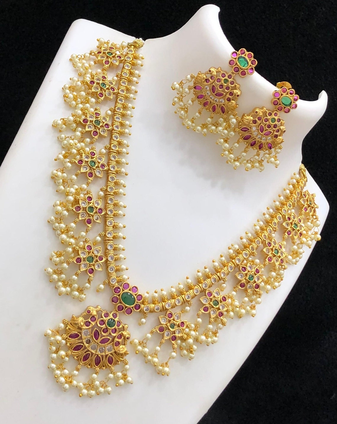 Antique Matte Finish Long Haram Kempu Stone Necklace With Earrings ...