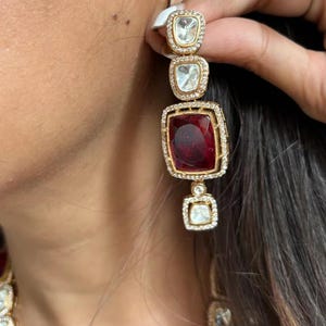 Premium Tyaani Jewelry Inspired Long Gold Plated Three Layered Ruby Red Emerald Green Doublet ...