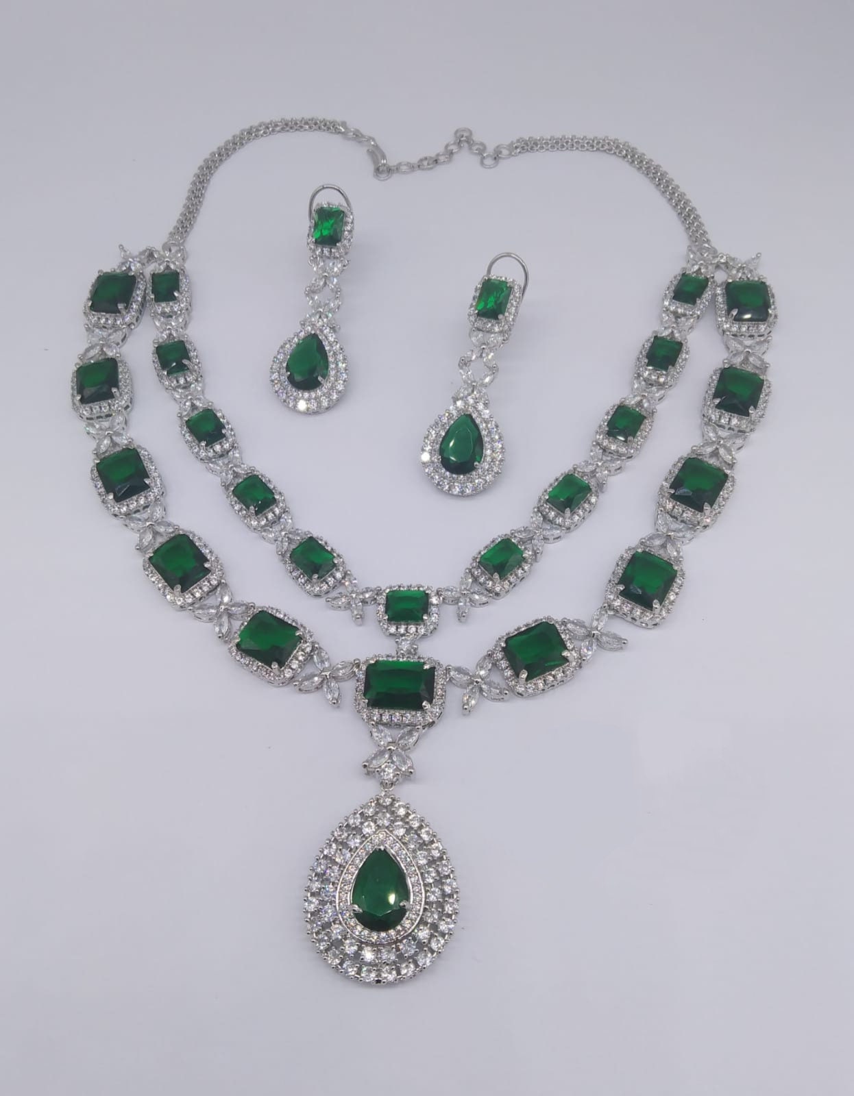 White Tone Silver Emerald Green Faux Diamond Necklace Set,indian Bridal Jewellery,american ...