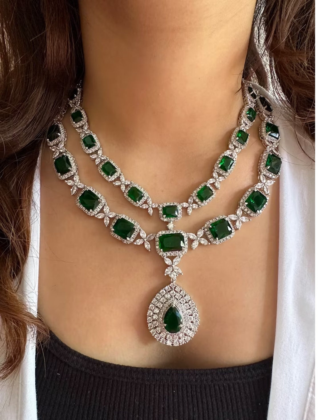 White Tone Silver Emerald Green Faux Diamond Necklace Set,indian Bridal Jewellery,american ...