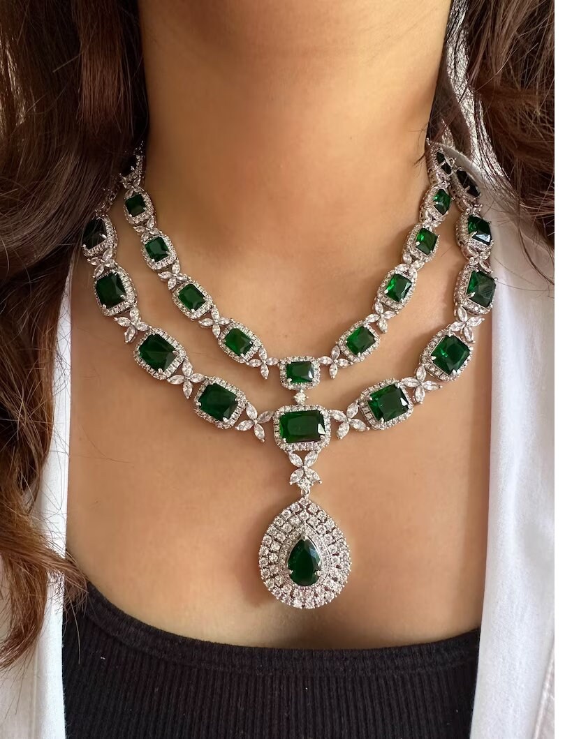 White Tone Silver Emerald Green Faux Diamond Necklace Set,indian Bridal ...