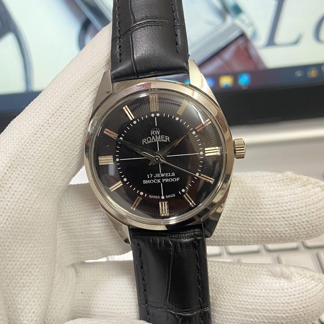 Vintage Refurbished Roamer Mechanical Hand Winding 17 Jewels Black Face ...