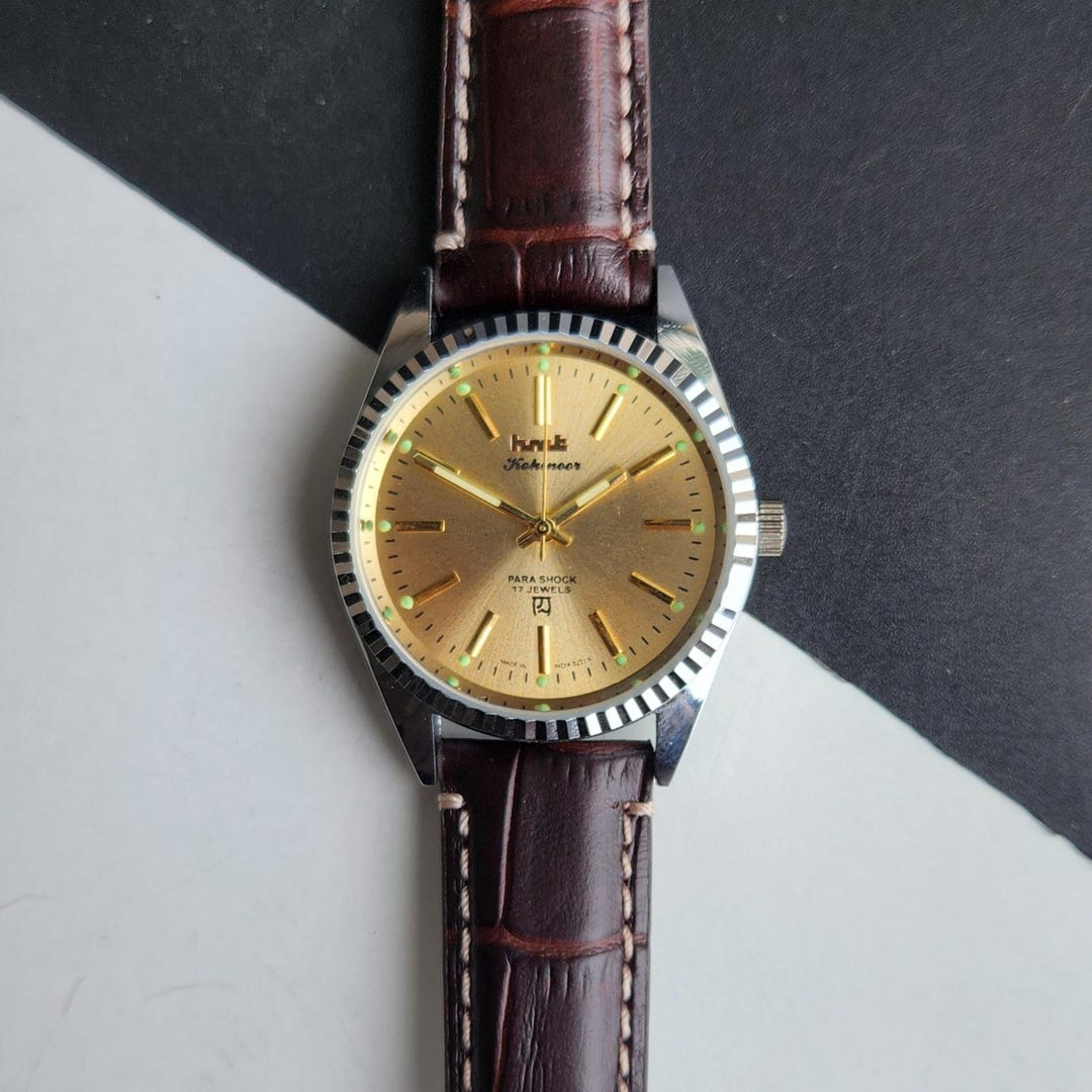 Vintage HMT Kohinoor Hand-winding Watch, Golden Face, Brown Leather ...