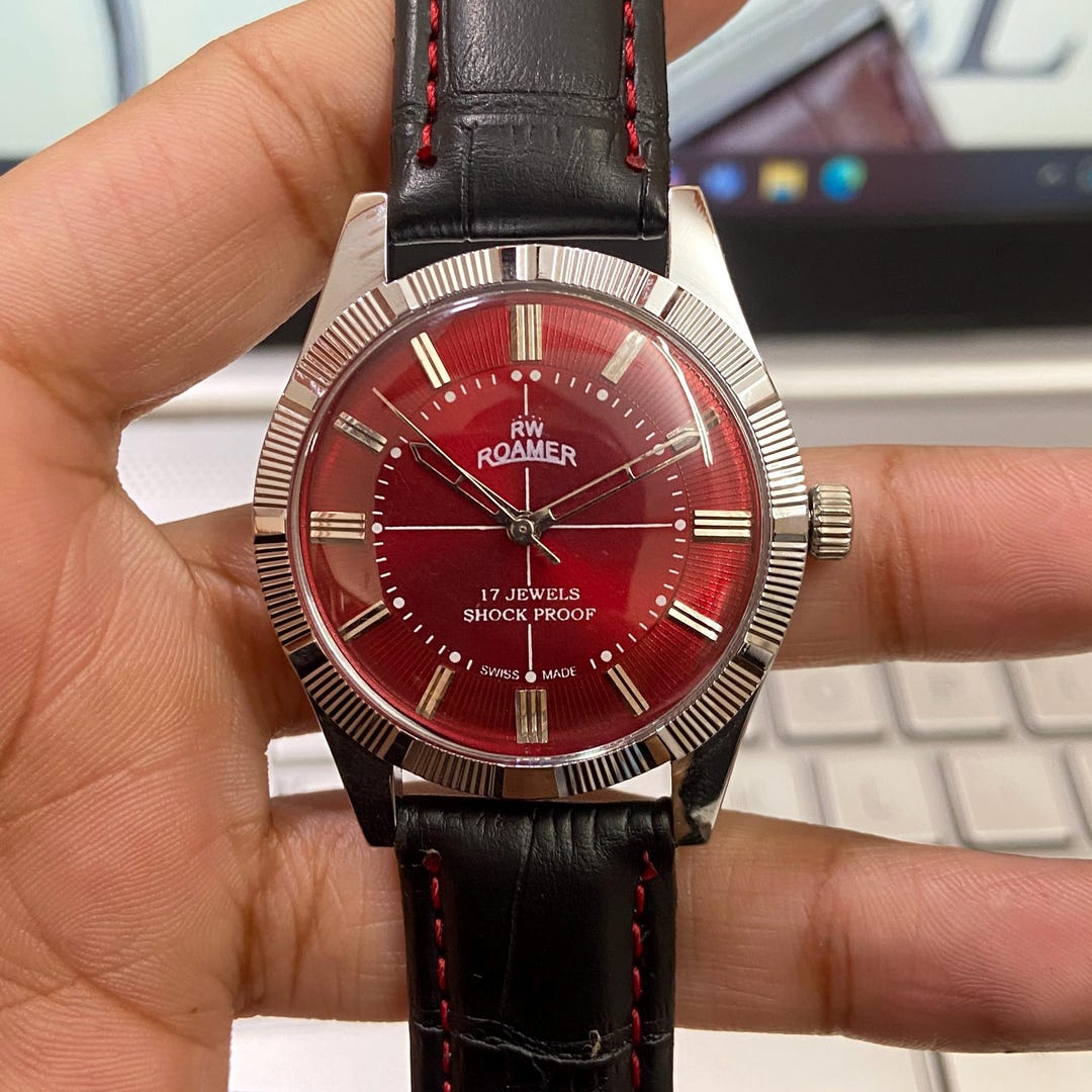 Vintage Refurbished Roamer Mechanical Hand Winding 17 Jewels Red Face ...