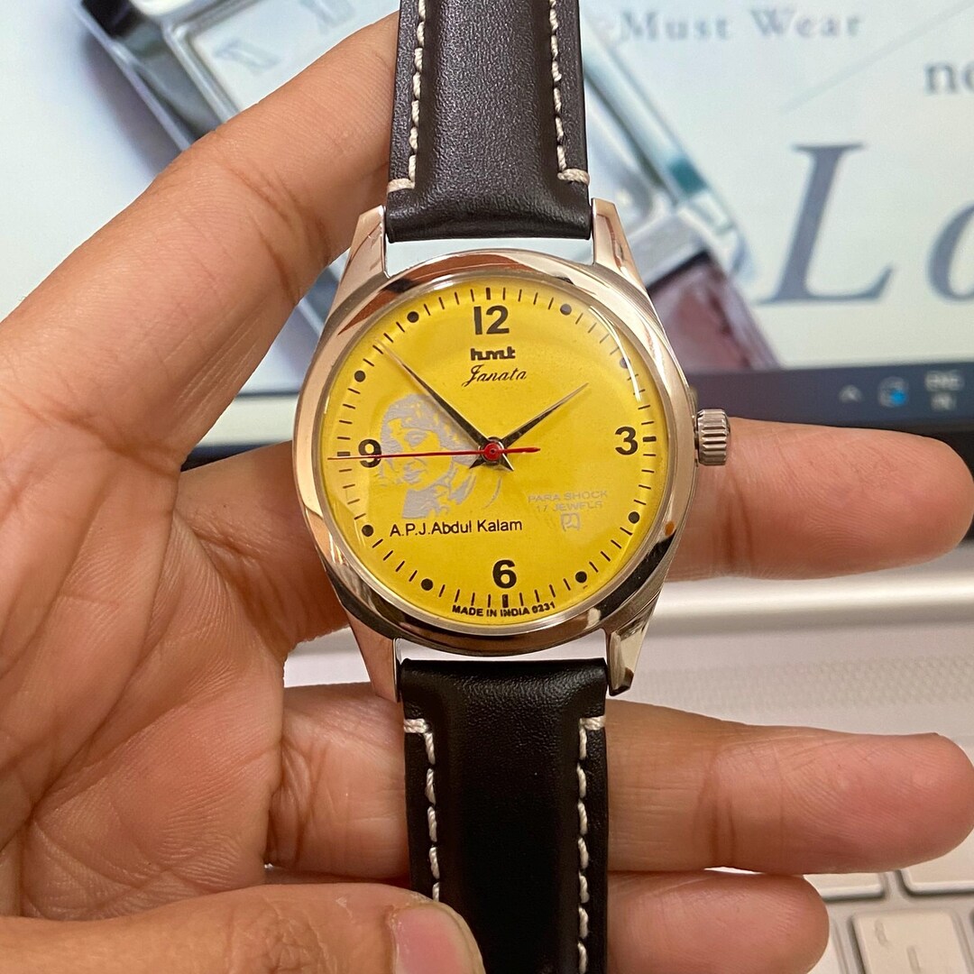 HMT Janata Kalam Hand Winding Yellow Face 17 Jewels 35MM Glass Back ...